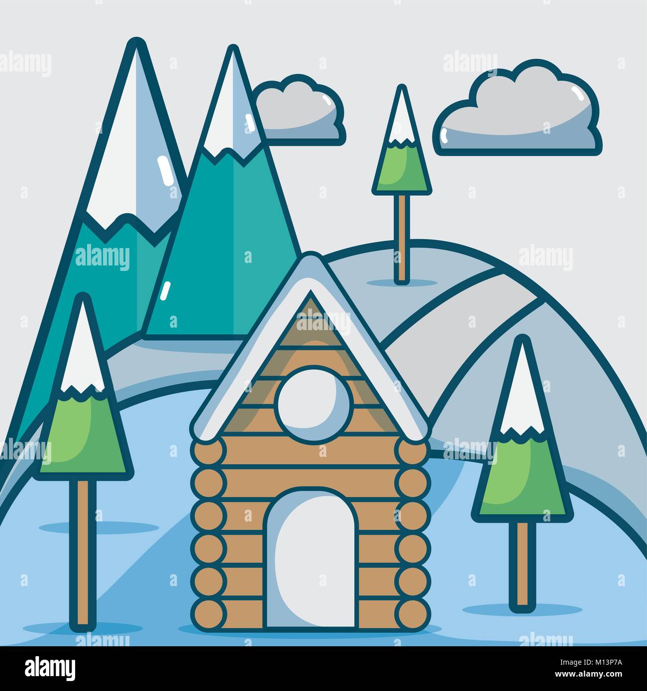 winter season with cabin and pine trees vector illustration Stock ...