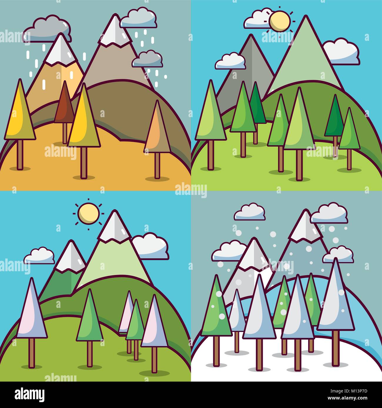 set four weather season with mountains and trees vector illustration ...