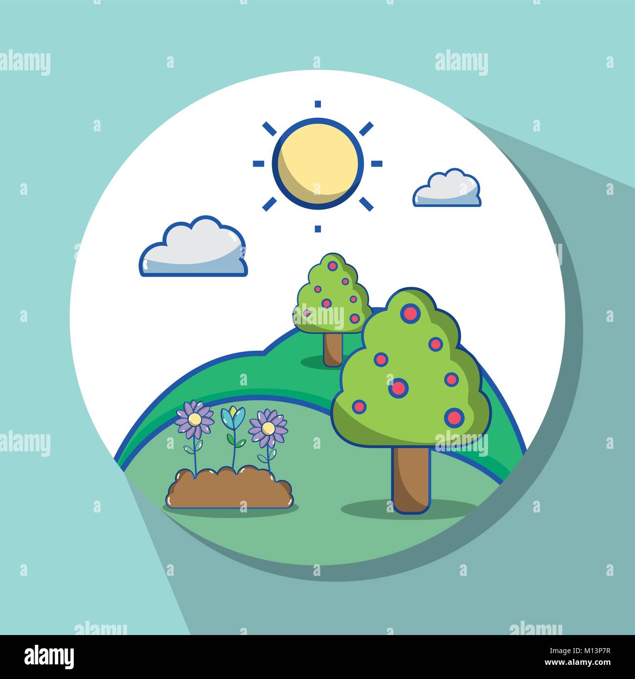 sun weather with trees and natural mountains vector illustration Stock ...