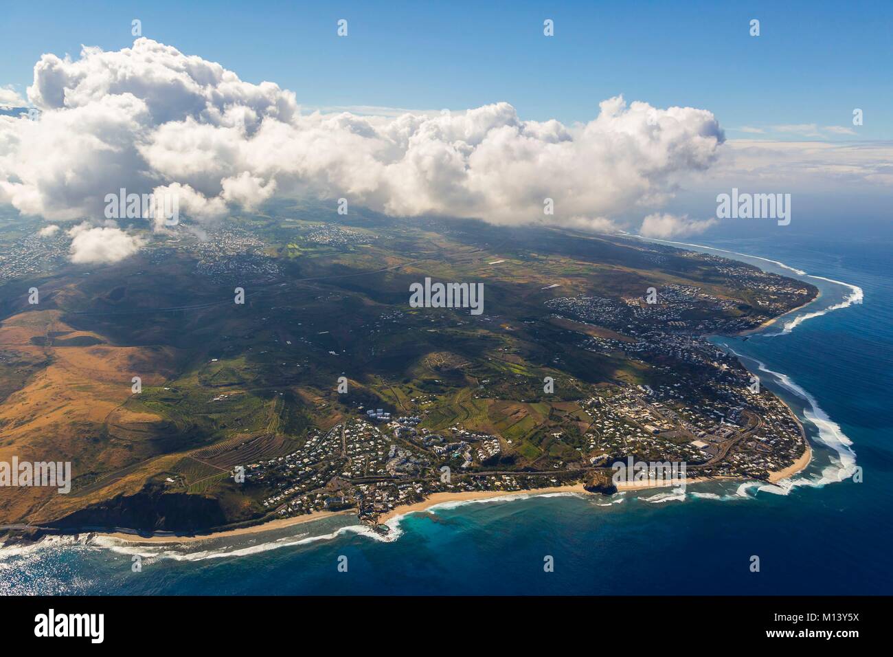 France, Reunion island, aerial view of the west coast of the island ...