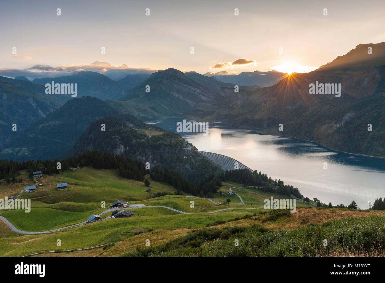 France, Savoy, Beaufortain, the Roselend dam, at the bottom the Mont ...