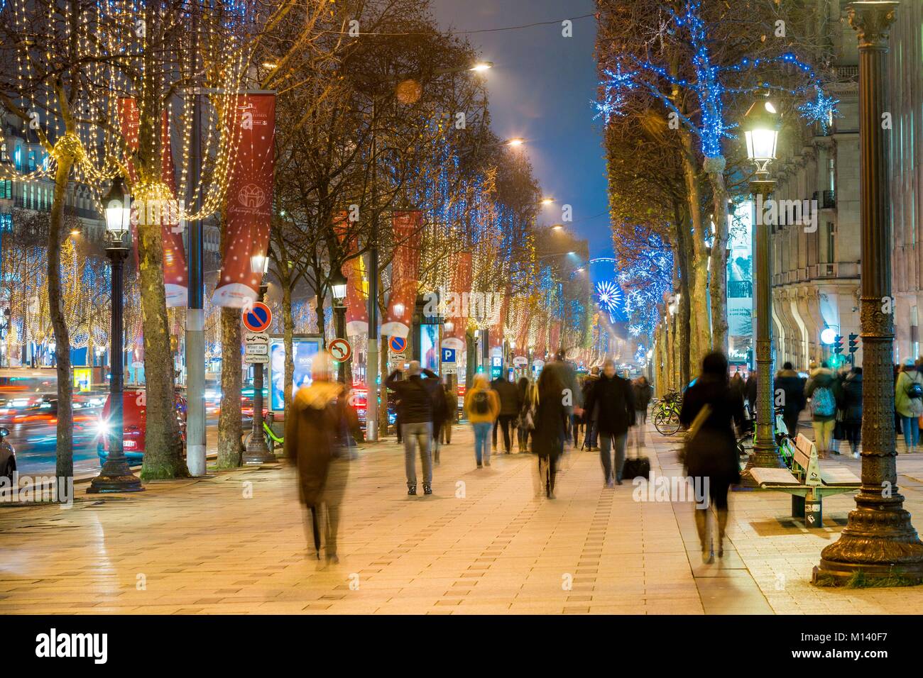 France, Paris, the Champs Elysees and Christmas holiday illuminations ...
