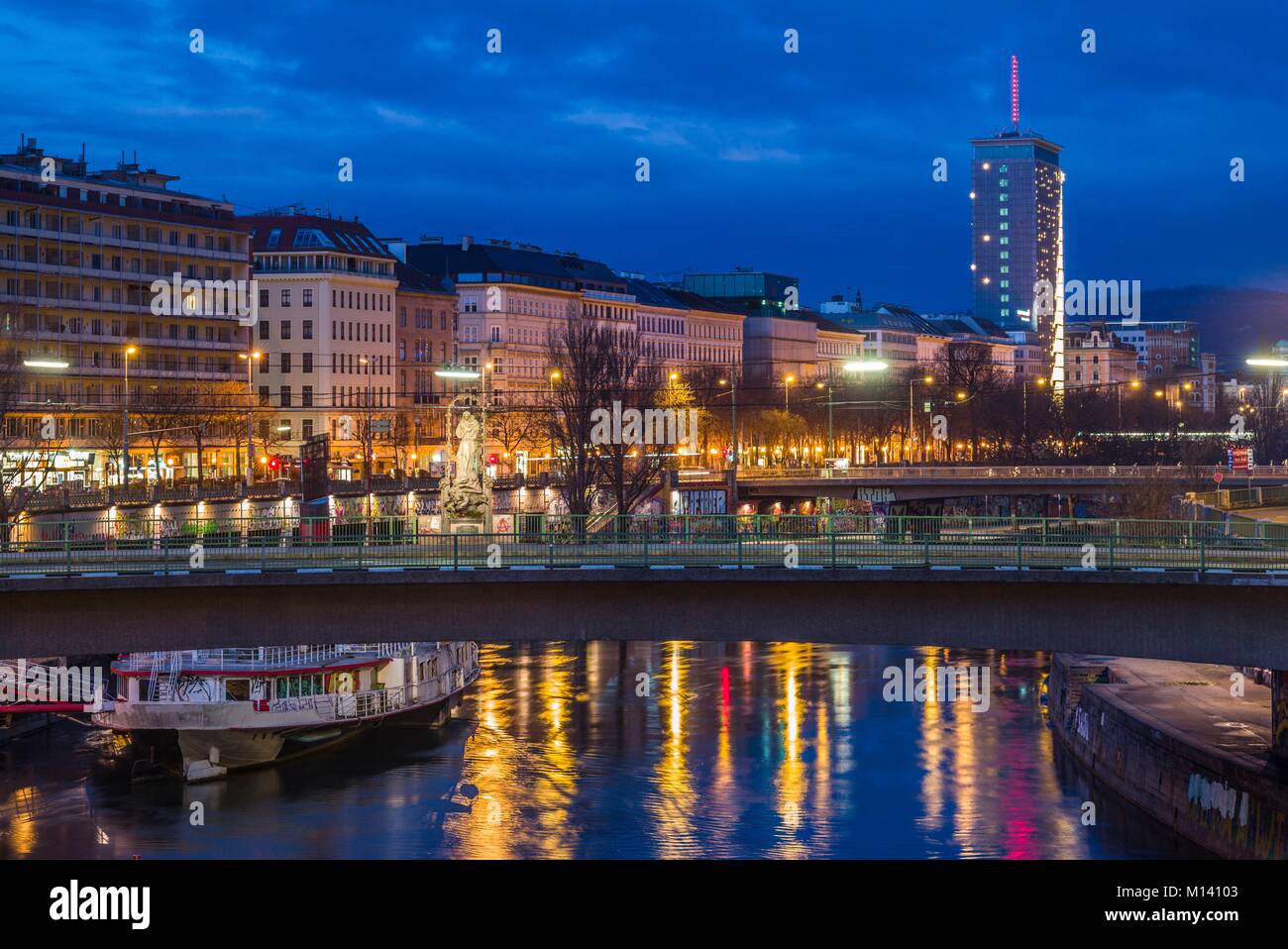 Austria, Vienna, city skyline at dawn by the Danube River Canal Stock ...