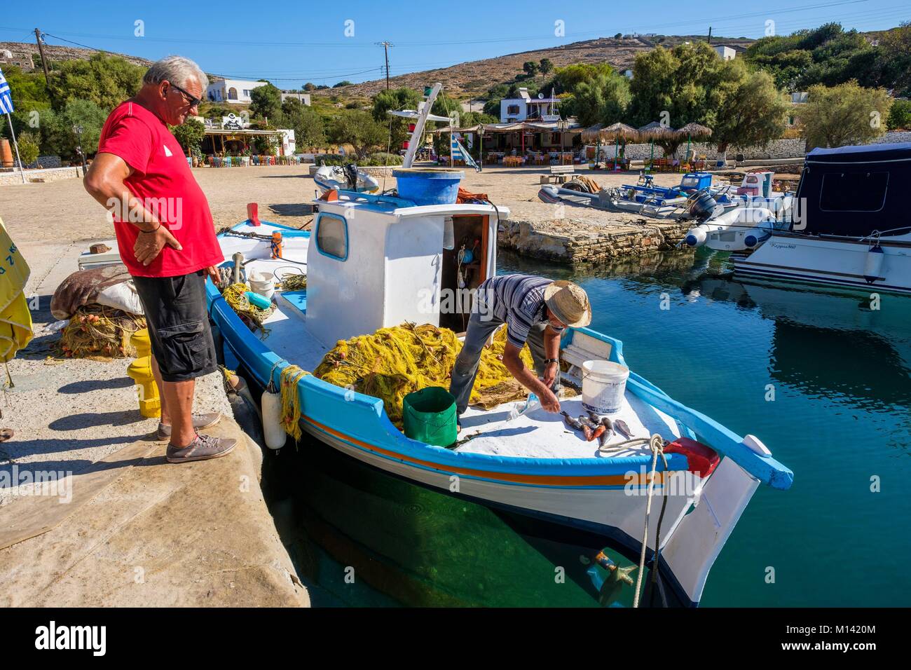 Geece, Dodecanese archipelago, Arki island, back from fishing in Port ...