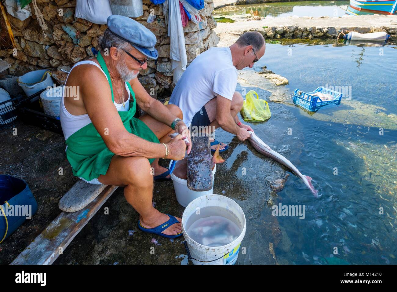 Geece, Dodecanese archipelago, Arki island, back from fishing in Port ...