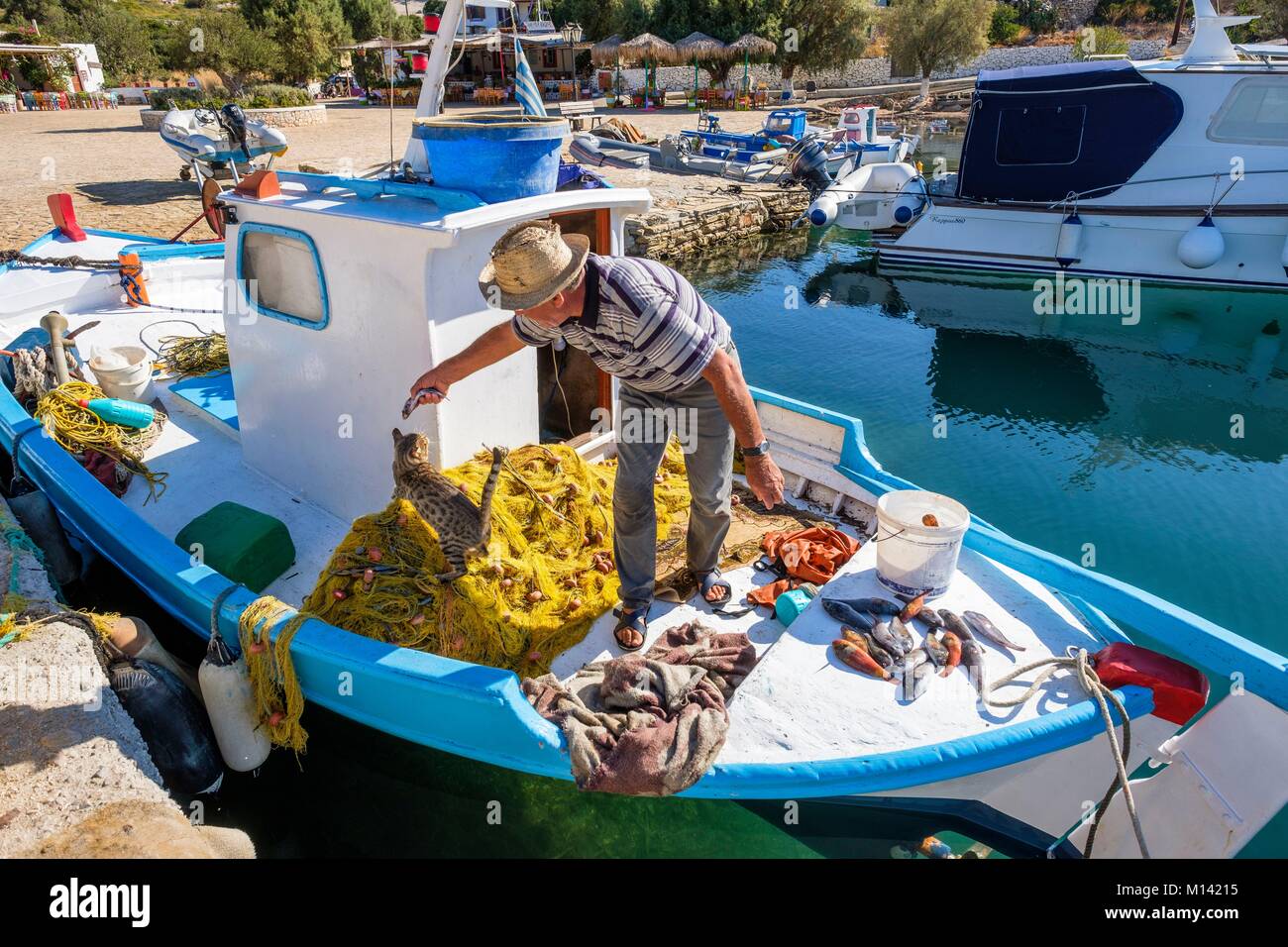 Geece, Dodecanese archipelago, Arki island, back from fishing in Port ...