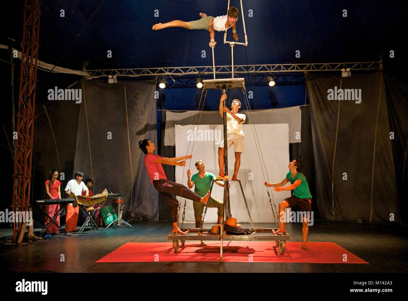 Cambodia, Battambang, young acrobats during a Phare circus performance ...