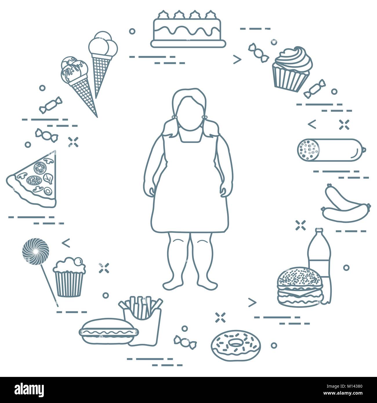 Fat girl with unhealthy lifestyle symbols around her. Harmful eating ...