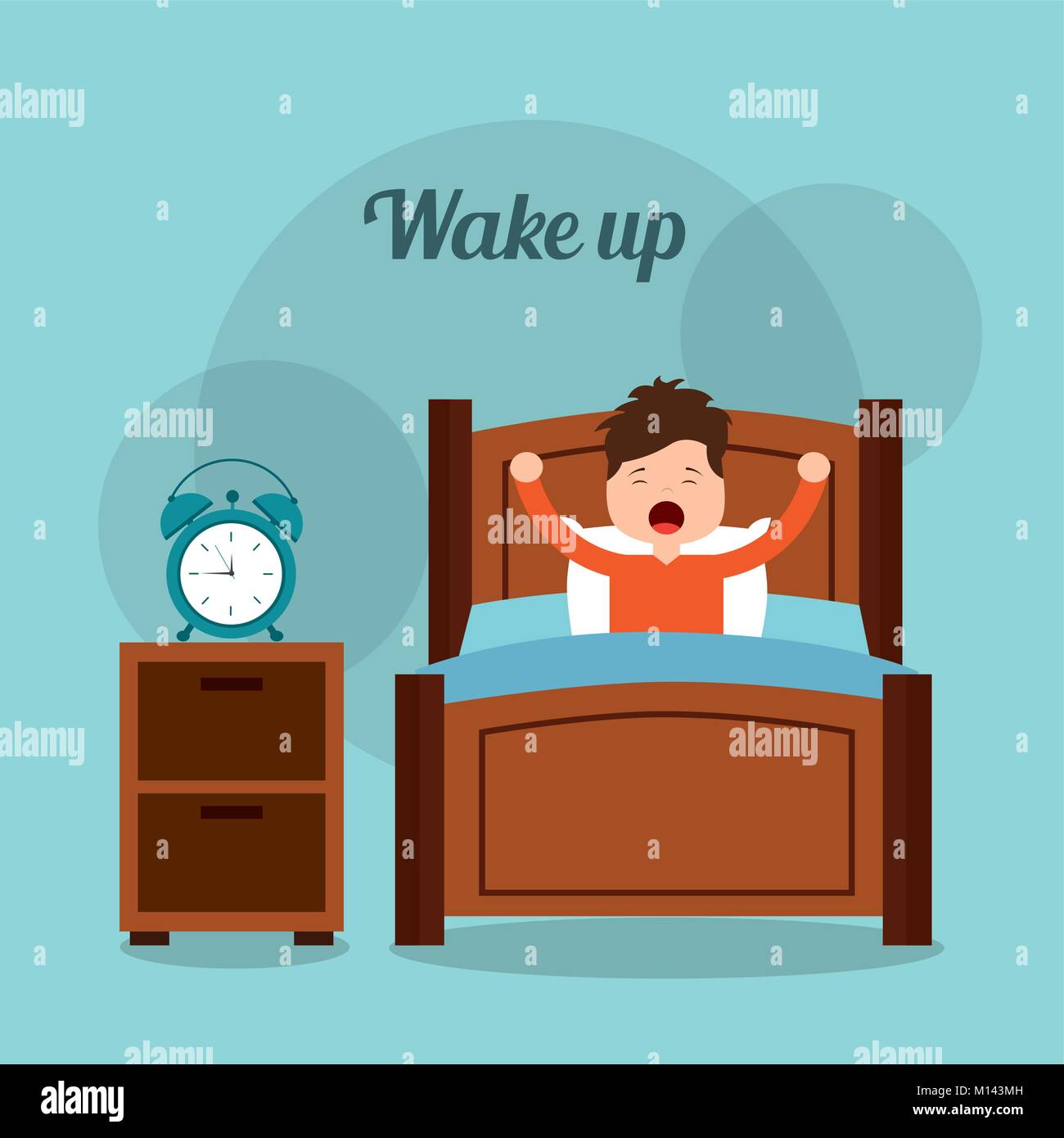 wake up boy in bed arms stretch with clock on table Stock Vector Image ...