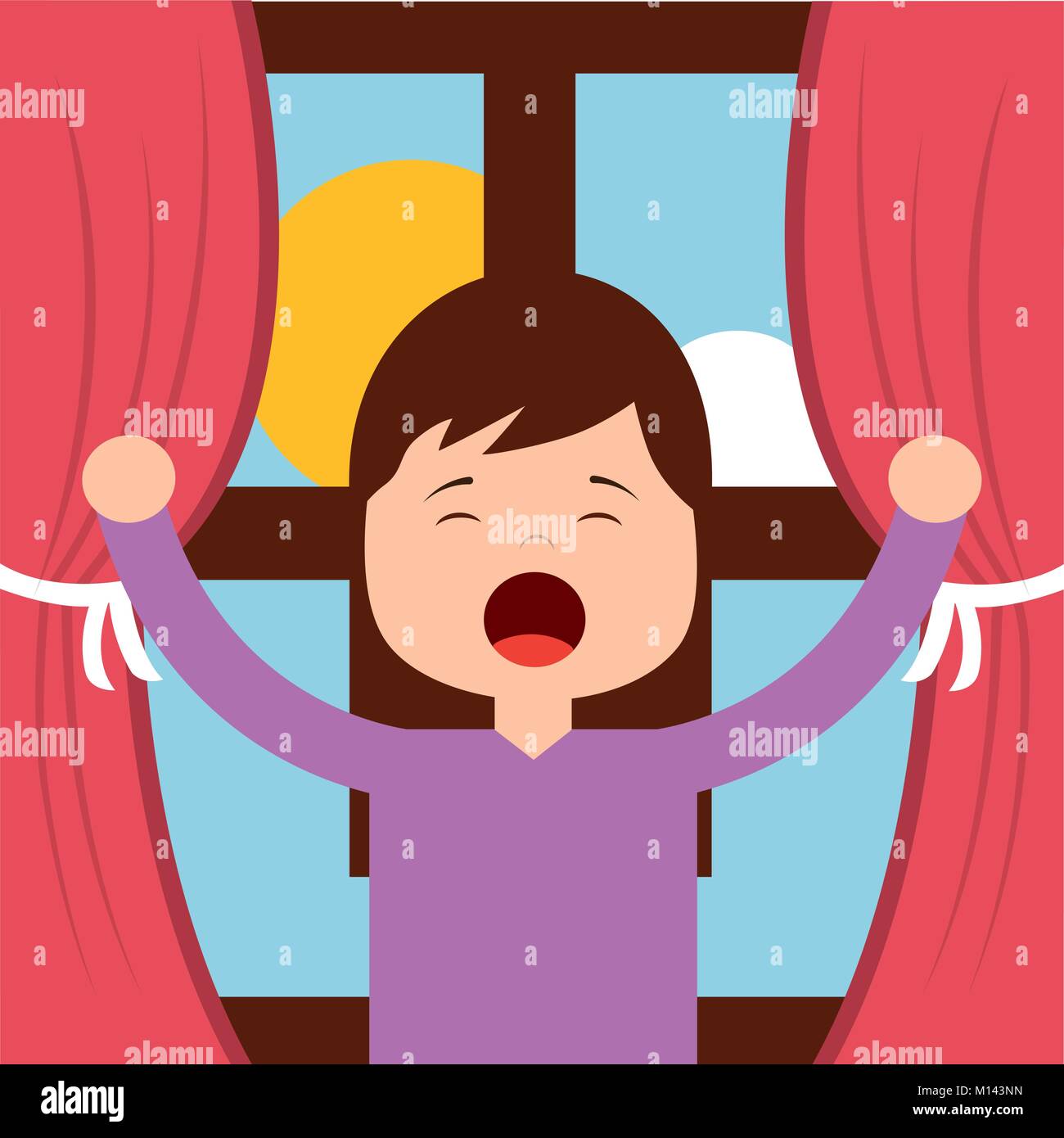 little girl waking up in front of the morning window Stock Vector Image ...