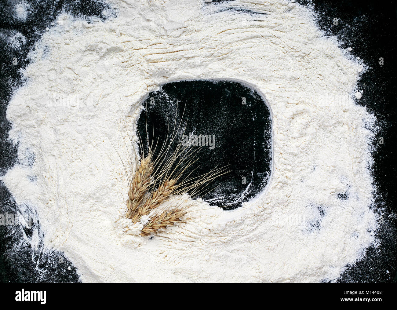 culinary background with frame of Golden wheat ears lying on a white ...
