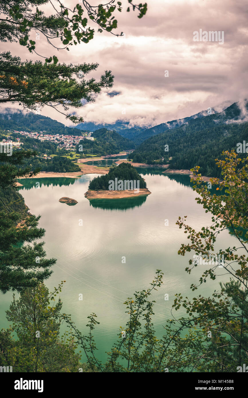 Panoramic view of lake of Centro Cadore in the Alps in Italy, Dolomites ...