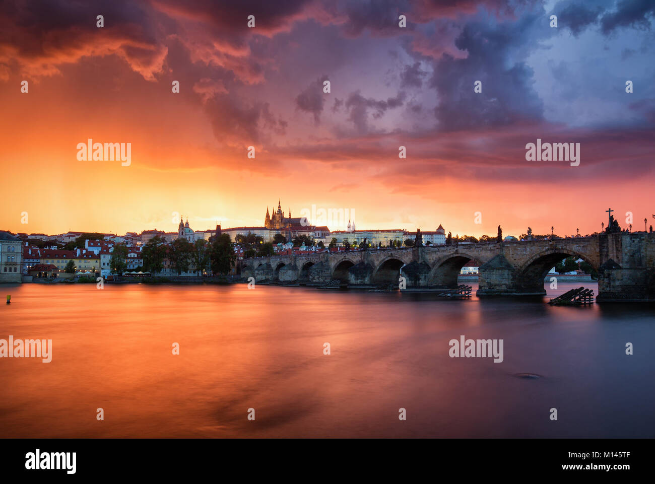Fantastic natural phenomena summer storm over Charles bridge, Prague ...