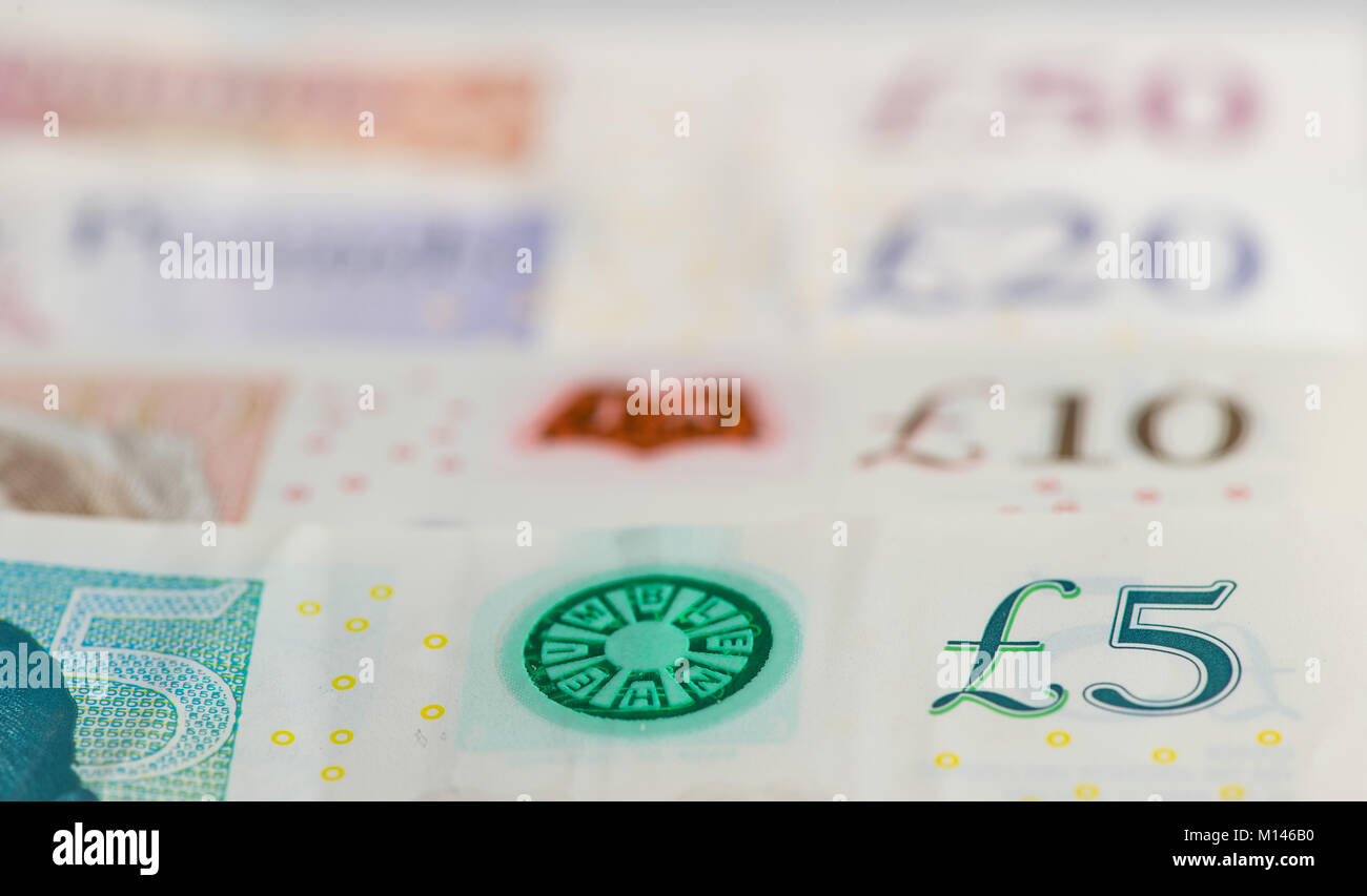 UK five pound, ten pound, twenty pound and fifty pound notes Stock ...