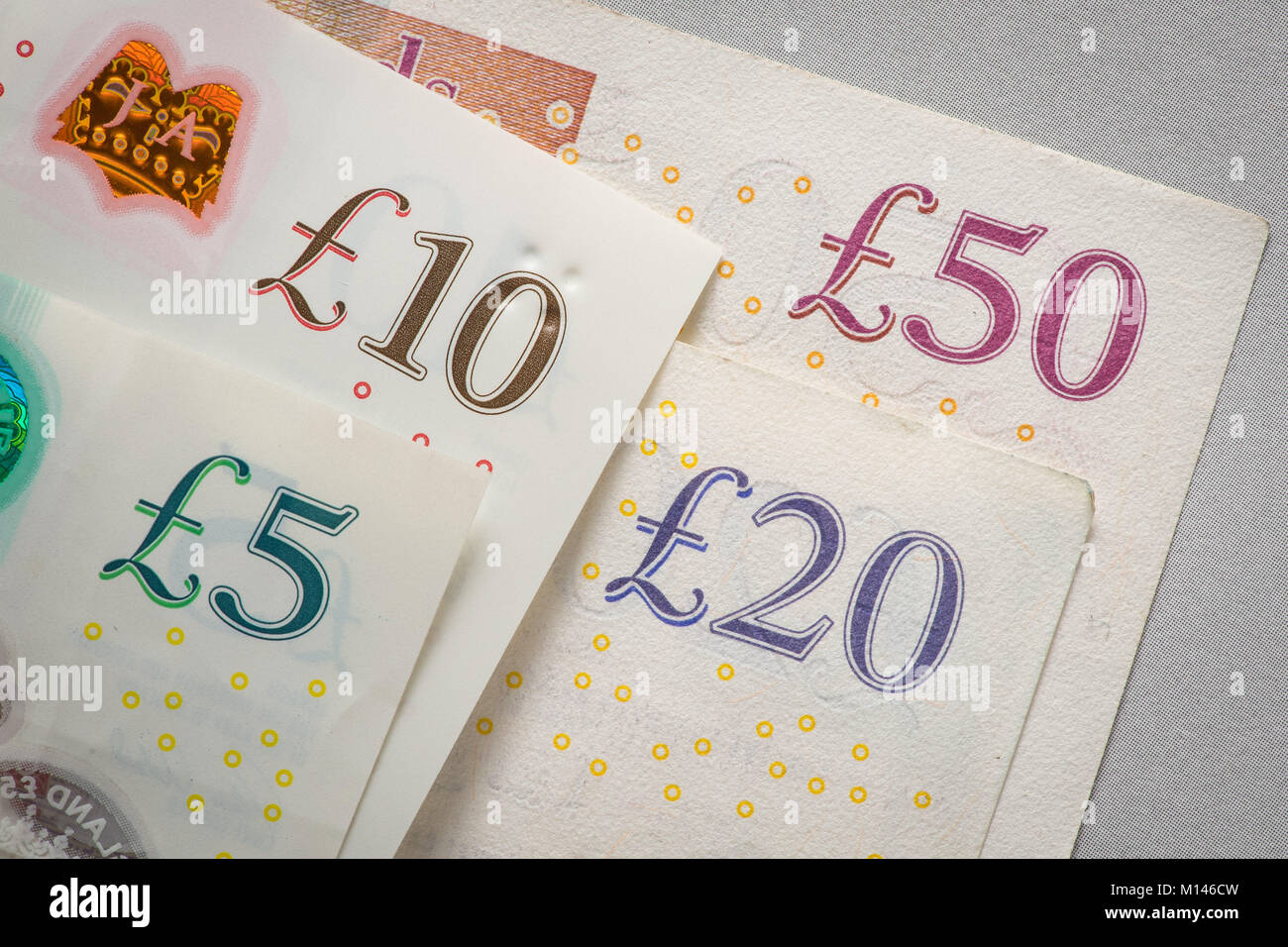 UK five pound, ten pound, twenty pound and fifty pound notes Stock ...