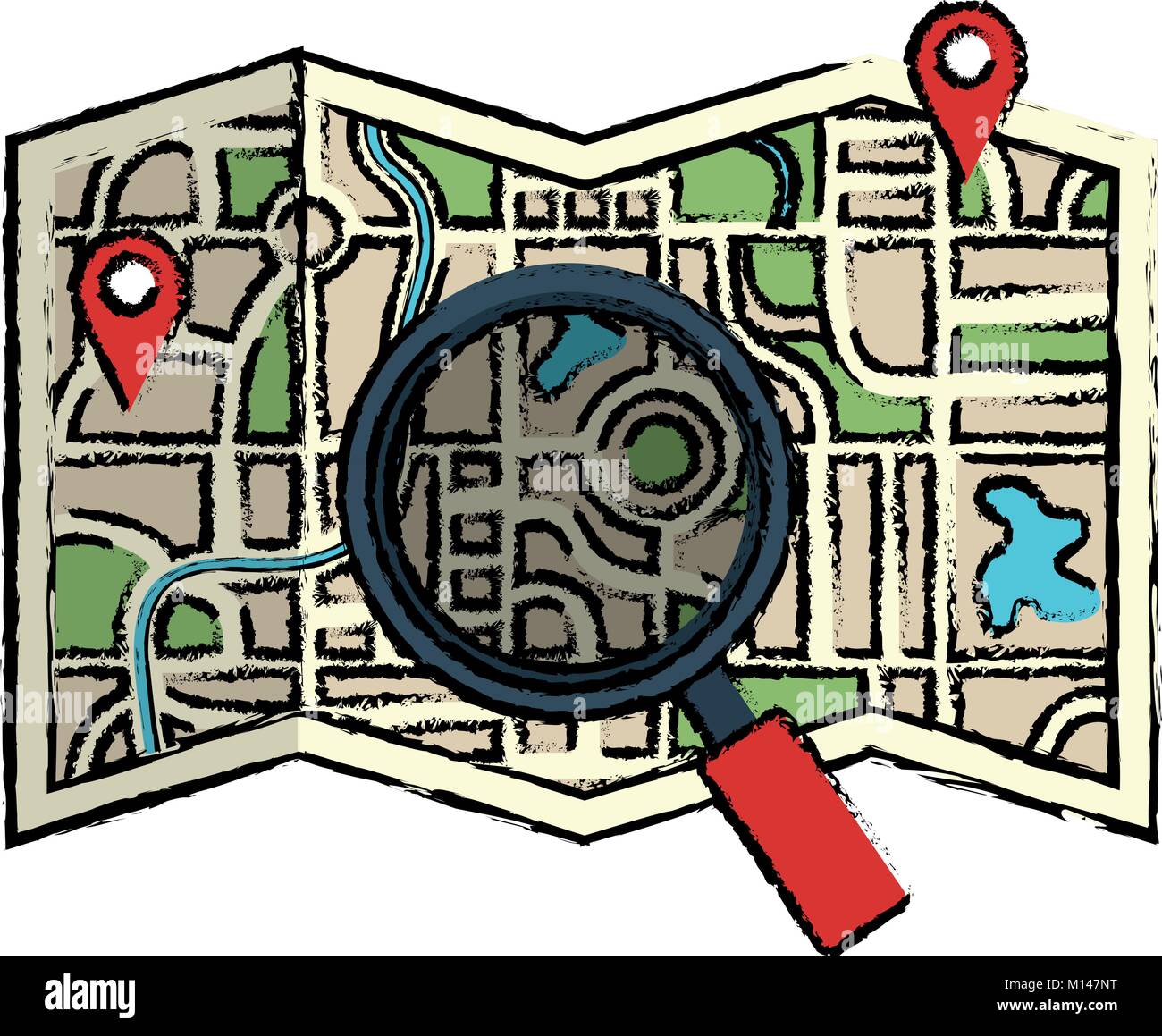 paper map guide with magnifying glass vector illustration design Stock ...