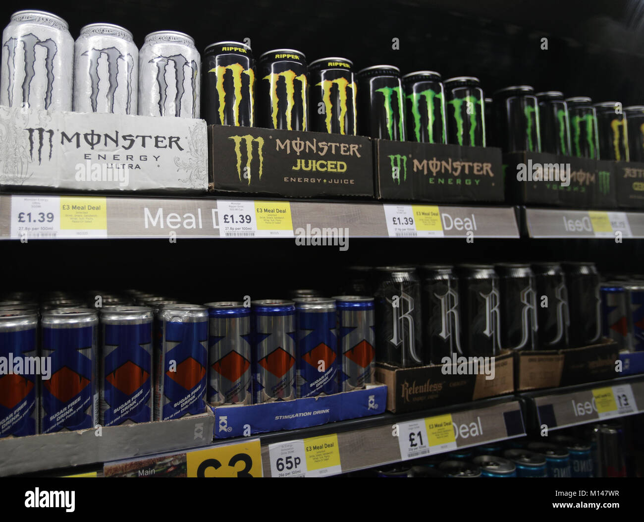 Shelves of energy drinks on sale in a Tesco store in London, as the ...