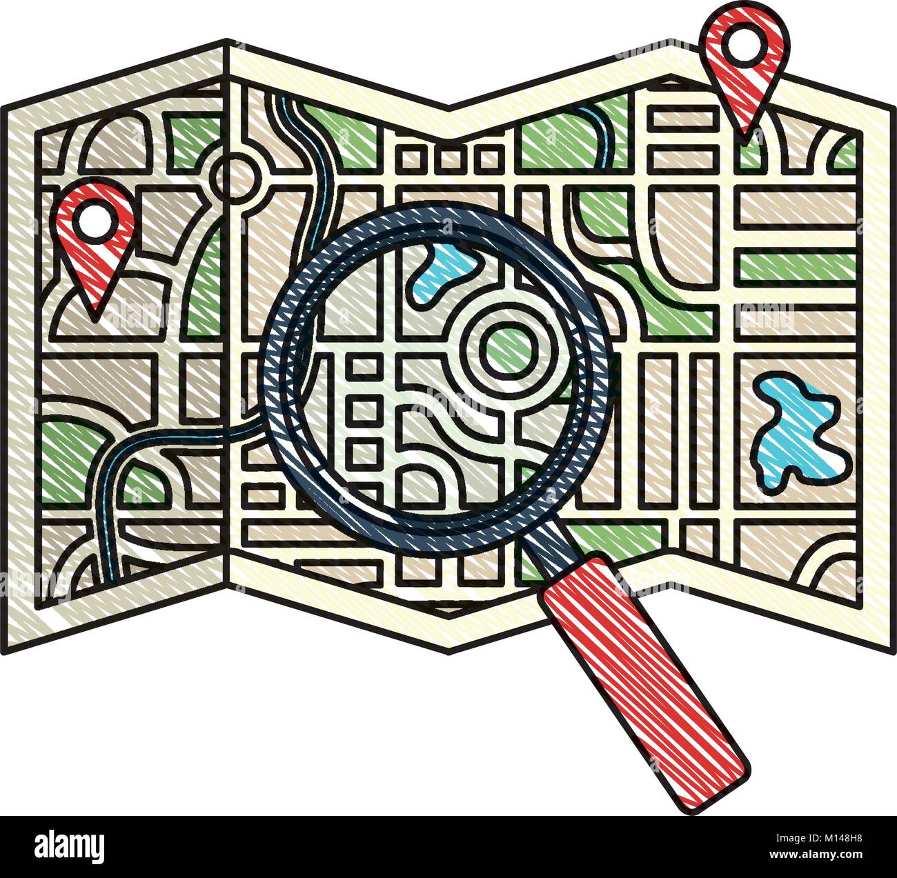 paper map guide with magnifying glass vector illustration design Stock ...