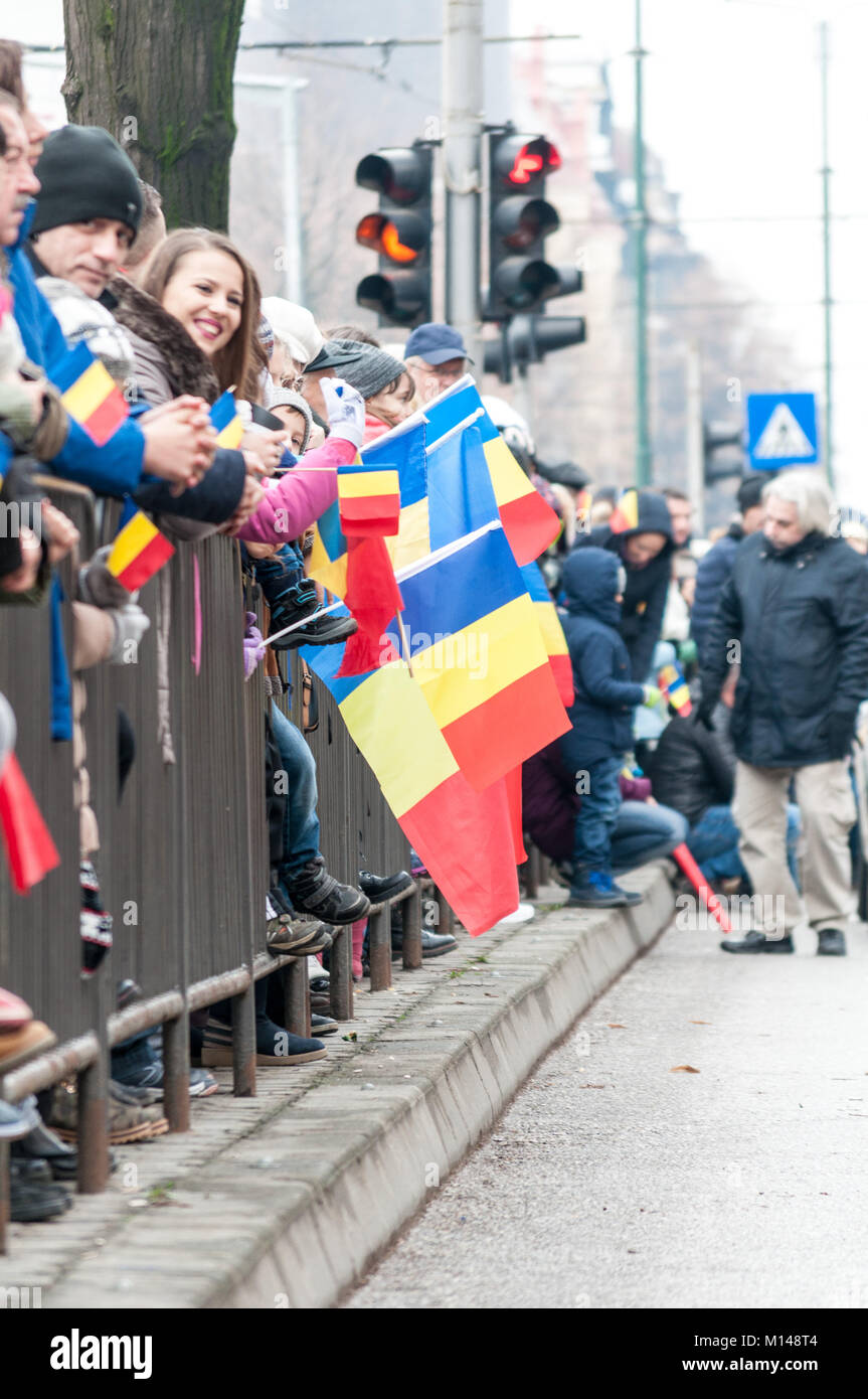 TIMISOARA, ROMANIA - DECEMBER 1, 2017: Flags on the National Day parade ...