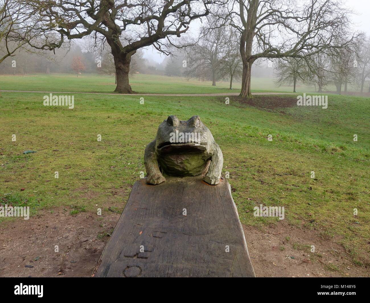 Wooden frog / toad sculpted bench on a foggy winter morning in ...