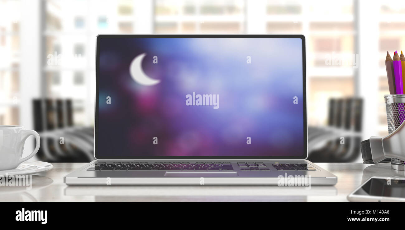Crescent moon on the laptop screen, Blur office background. 3d ...
