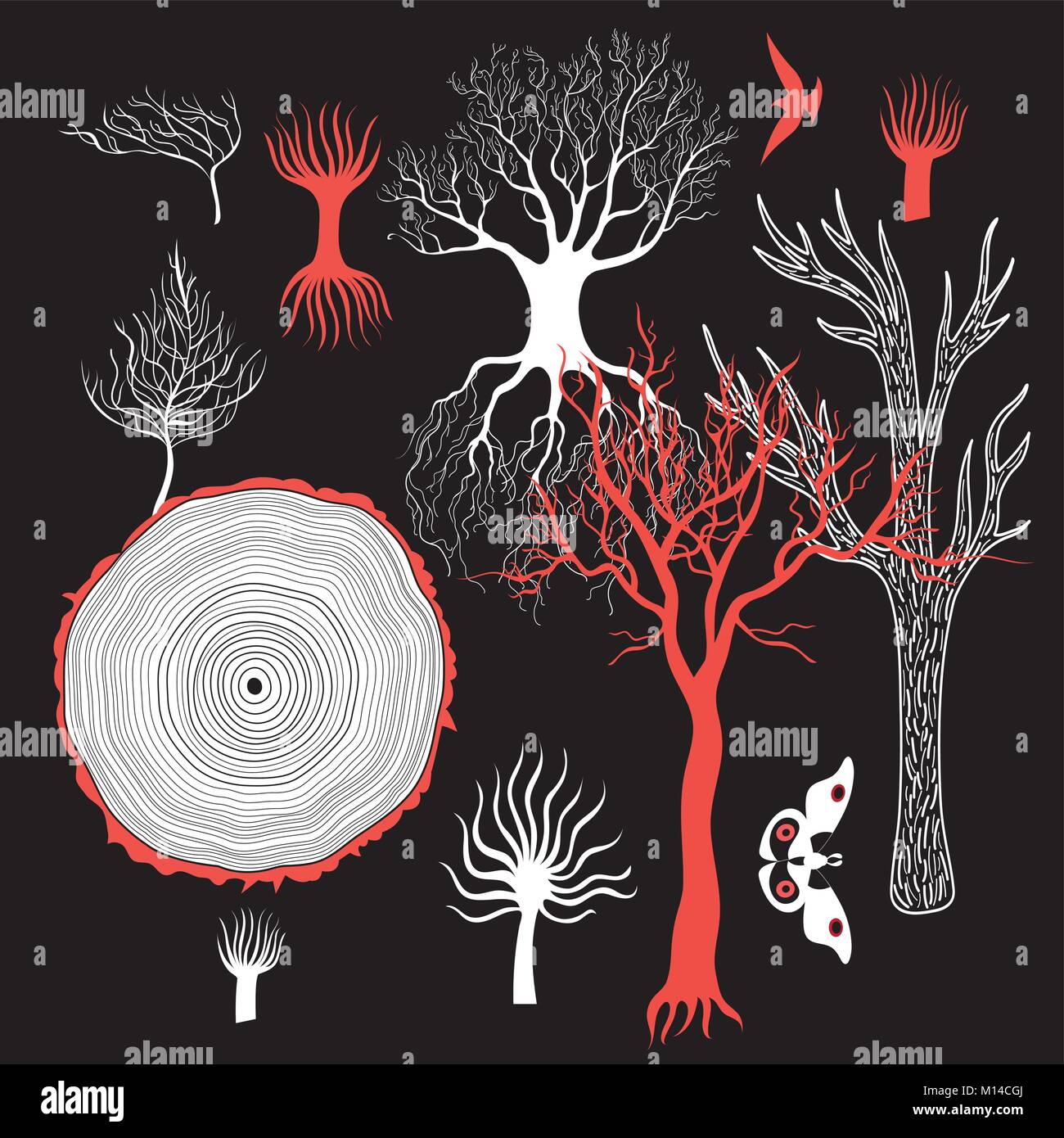 Vector graphic set of different trees on a dark background Stock Vector ...