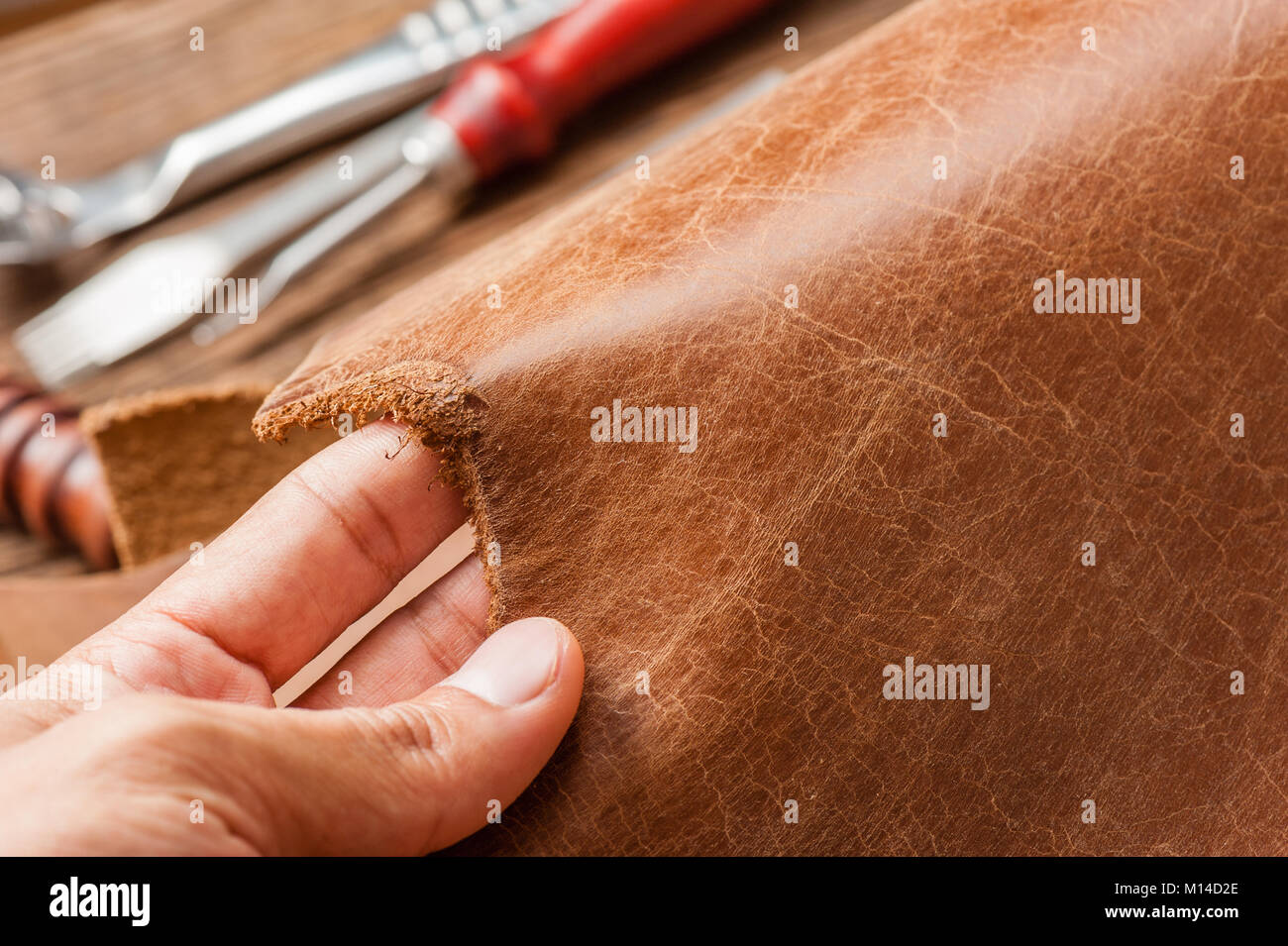 leather working, closeup details of brown leather Stock Photo - Alamy