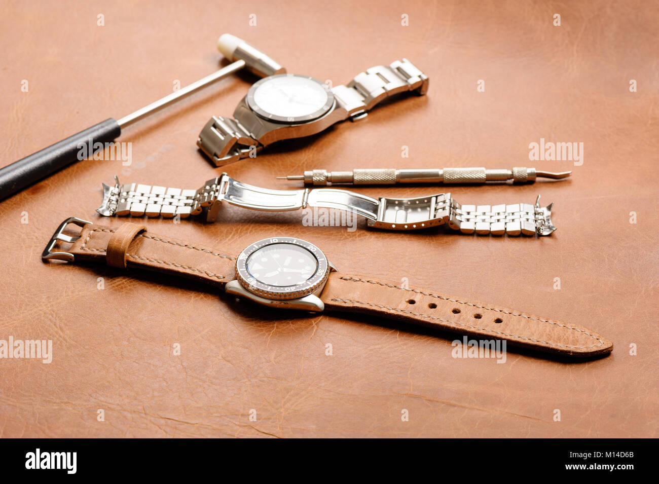 closeup handmade brown leather watch strap, leather product Stock Photo ...