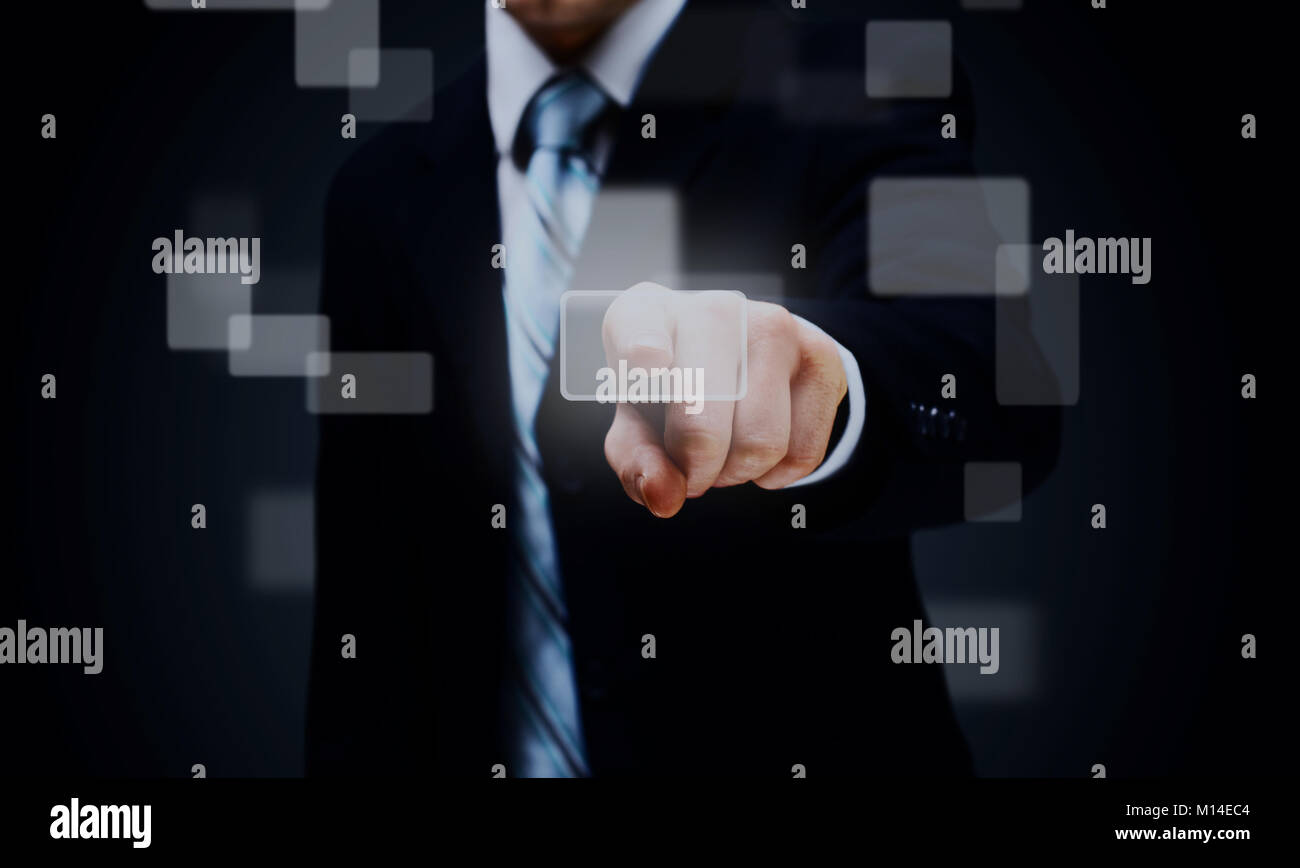 hand pushing a button on a touch screen interface Stock Photo - Alamy