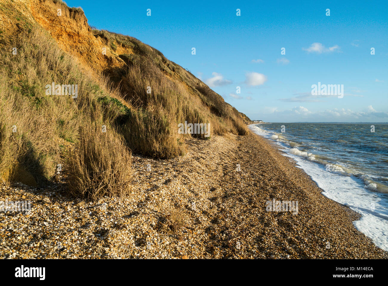 High tide at the shingle beach at Meon Shore on the Solent at ...