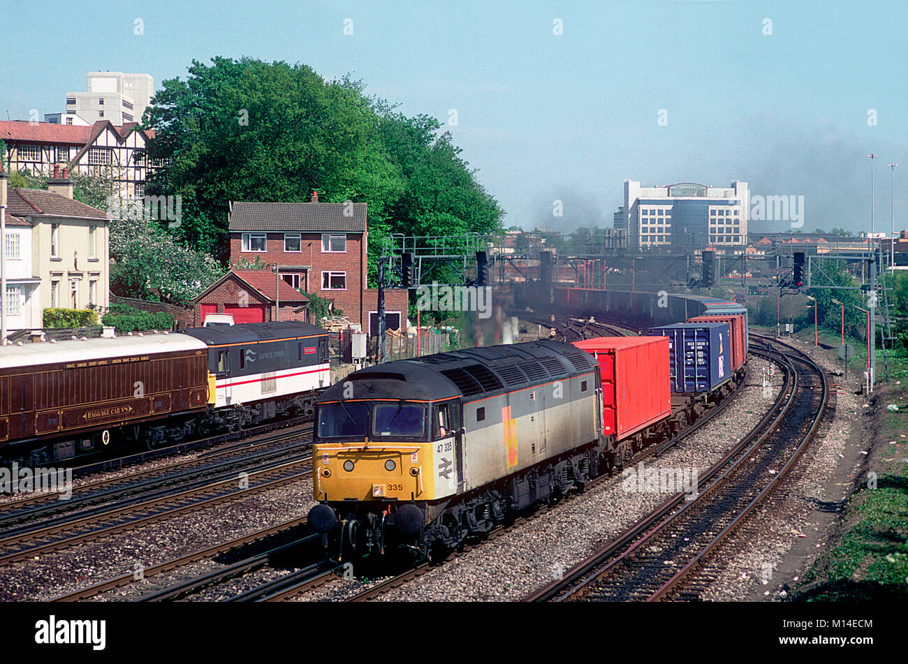 A class 47 diesel locomotive number 47335 working a down freightliner ...