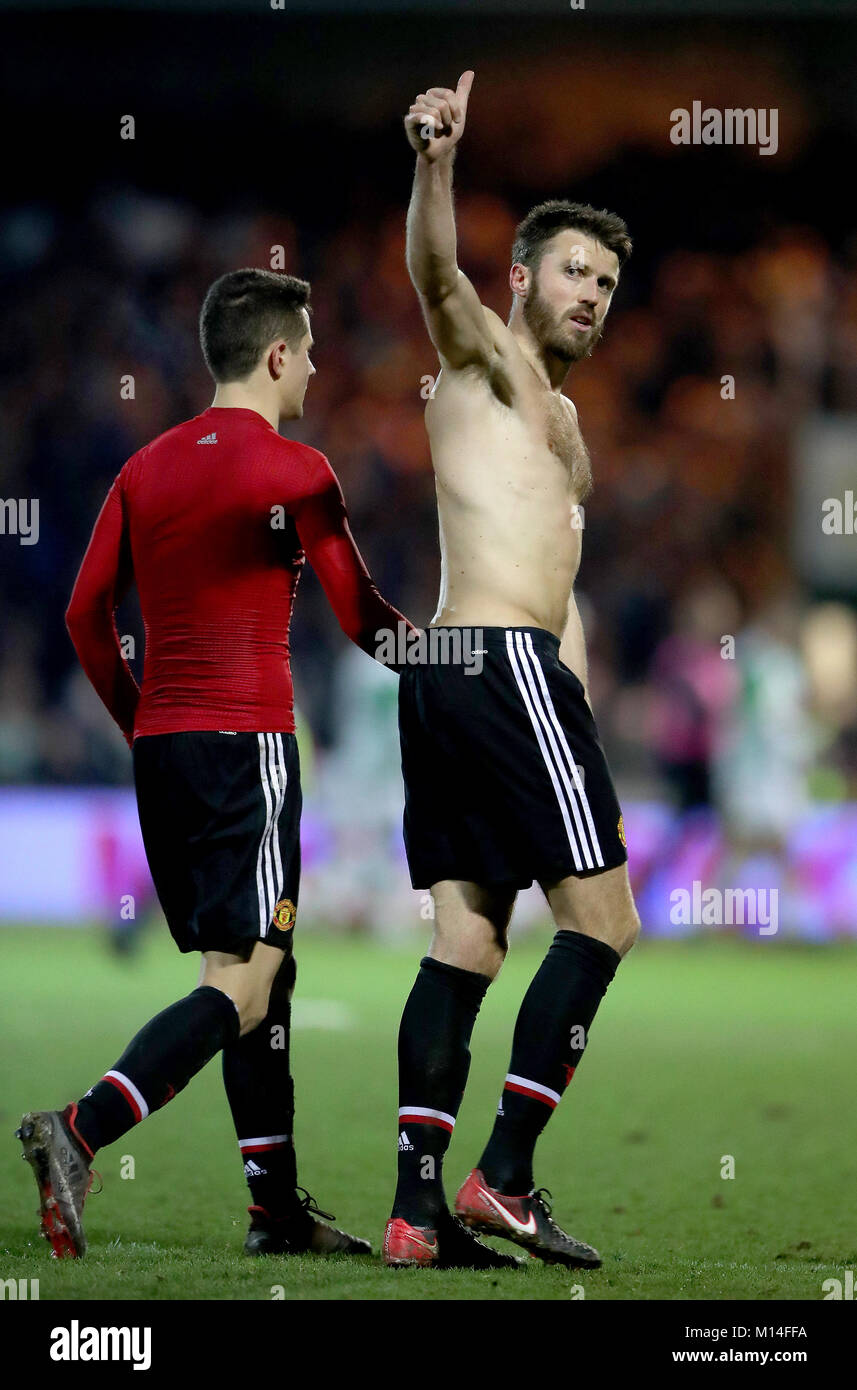 Manchester United's Michael Carrick acknowledges the fans after the ...