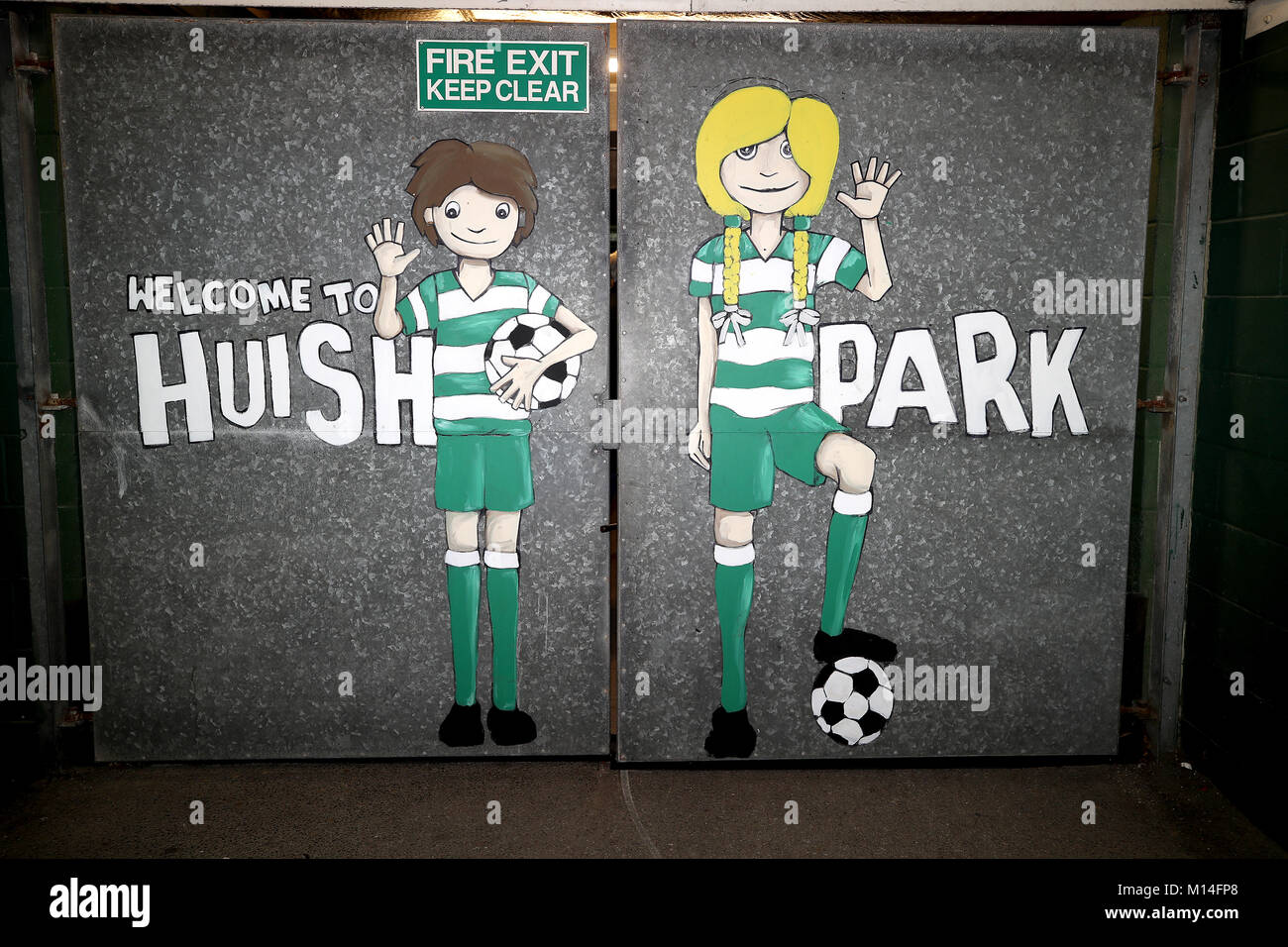 A general view of 'Welcome To Huish Park' painting on a gate before the ...