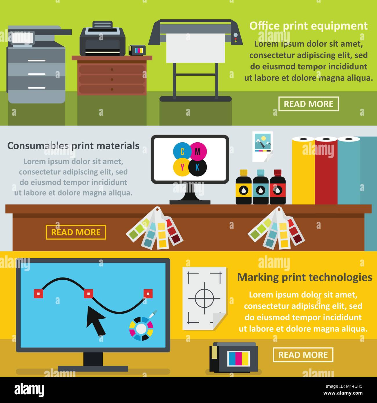 Printing process banner horizontal set, flat style Stock Vector Image ...