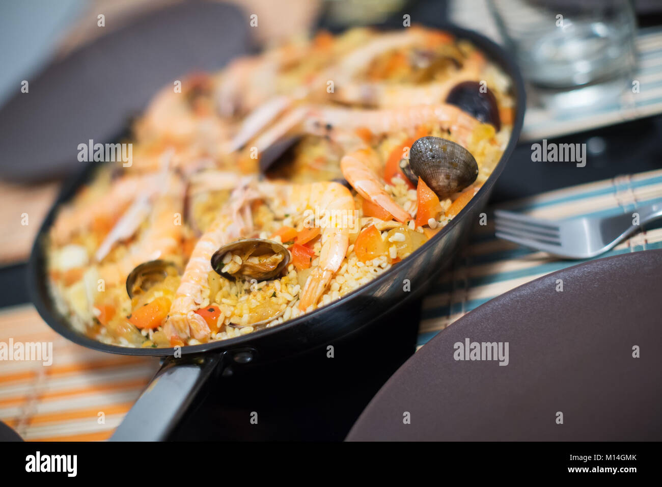 Delicious Valencian rice dish with seafood paella close up Stock Photo ...