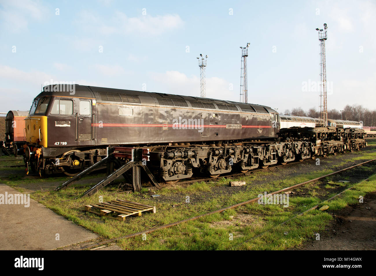 Class 47 locomotive and bogies outside Old Oak Common Depot in London ...