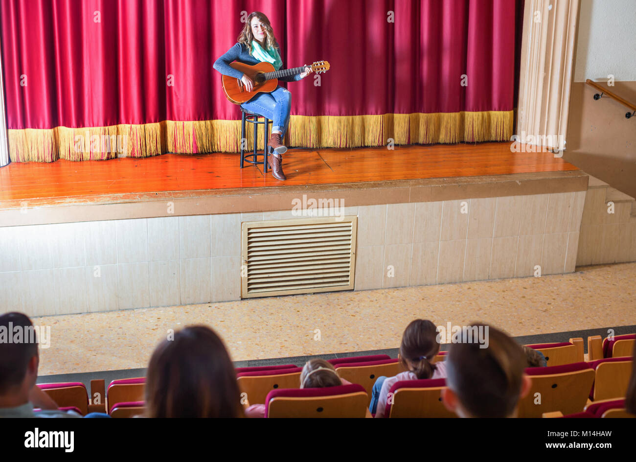Large cheerful audience enjoying guitar concert in concert hall Stock ...