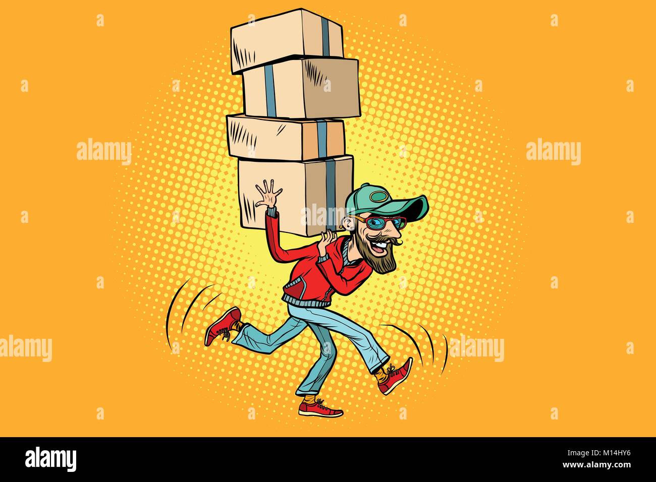 courier delivery, the employee quickly runs. Comic book cartoon pop art ...