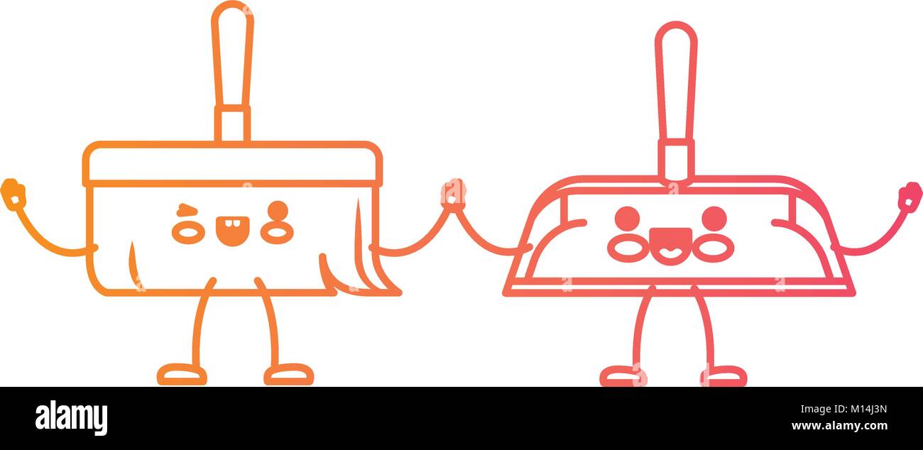 kawaii cartoon hand dustpan and hand broom holding hands in degraded ...