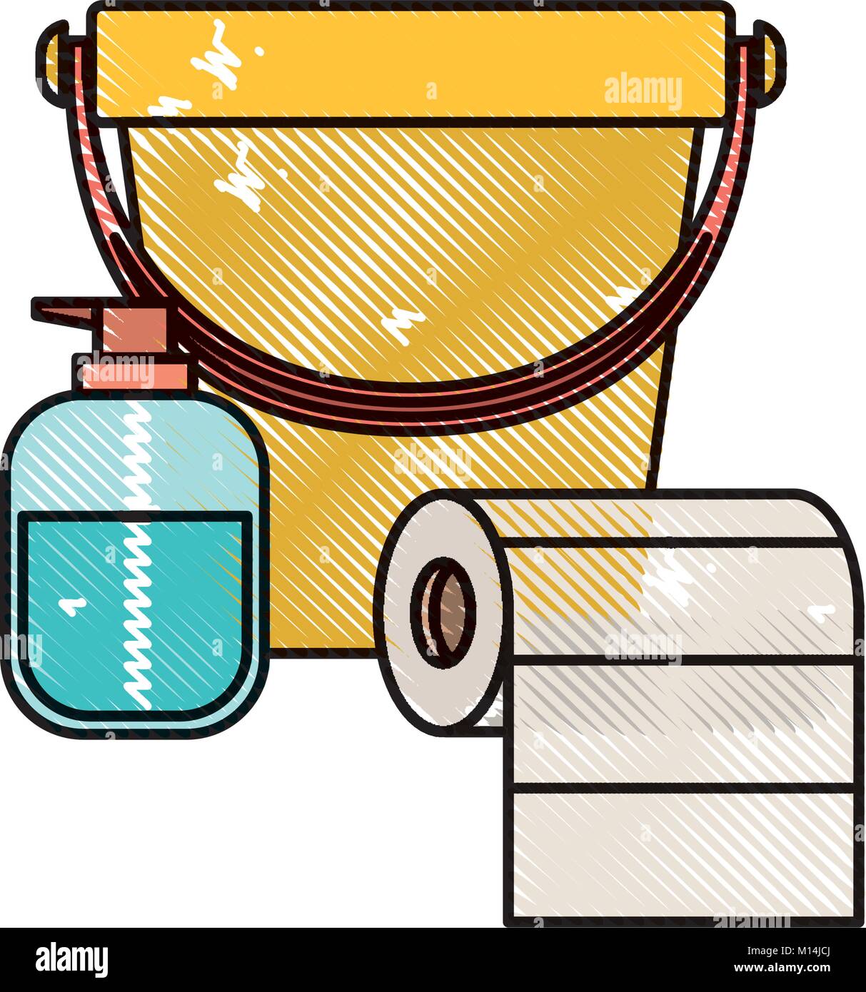 bucket and liquid soap and roll paper towel in colored crayon ...