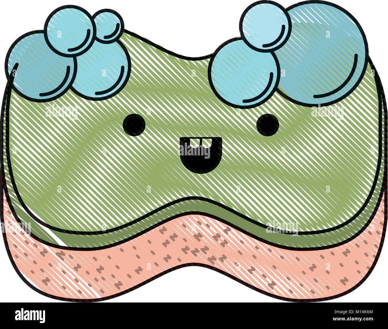 kawaii sponge with bubbles of soap in colored crayon silhouette Stock ...