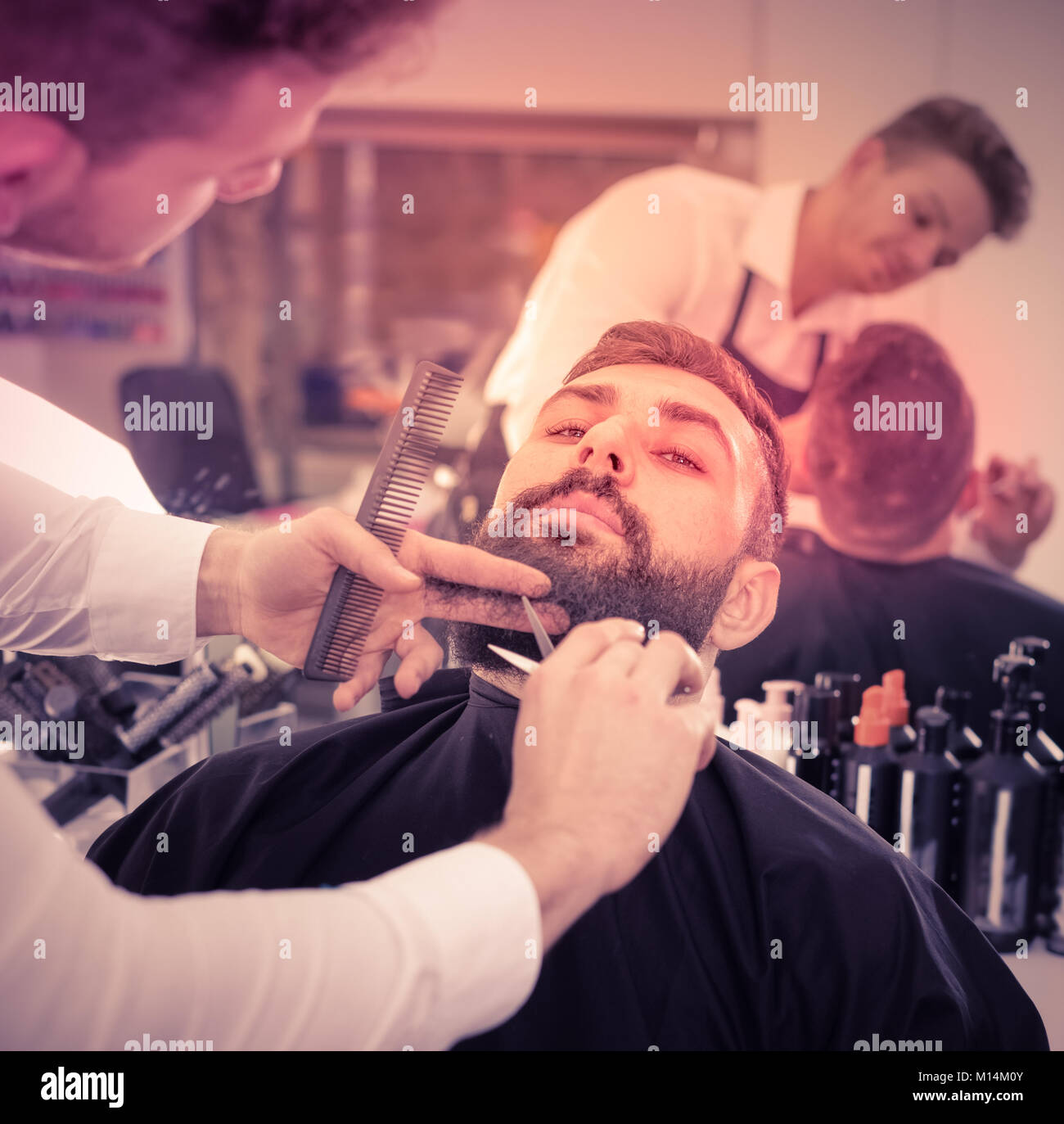 Ordinary guy stylist creating new shape for beard of client at ...