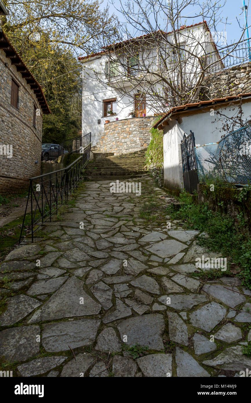 Stone street and old house in village of Potamia, Thassos island, East ...