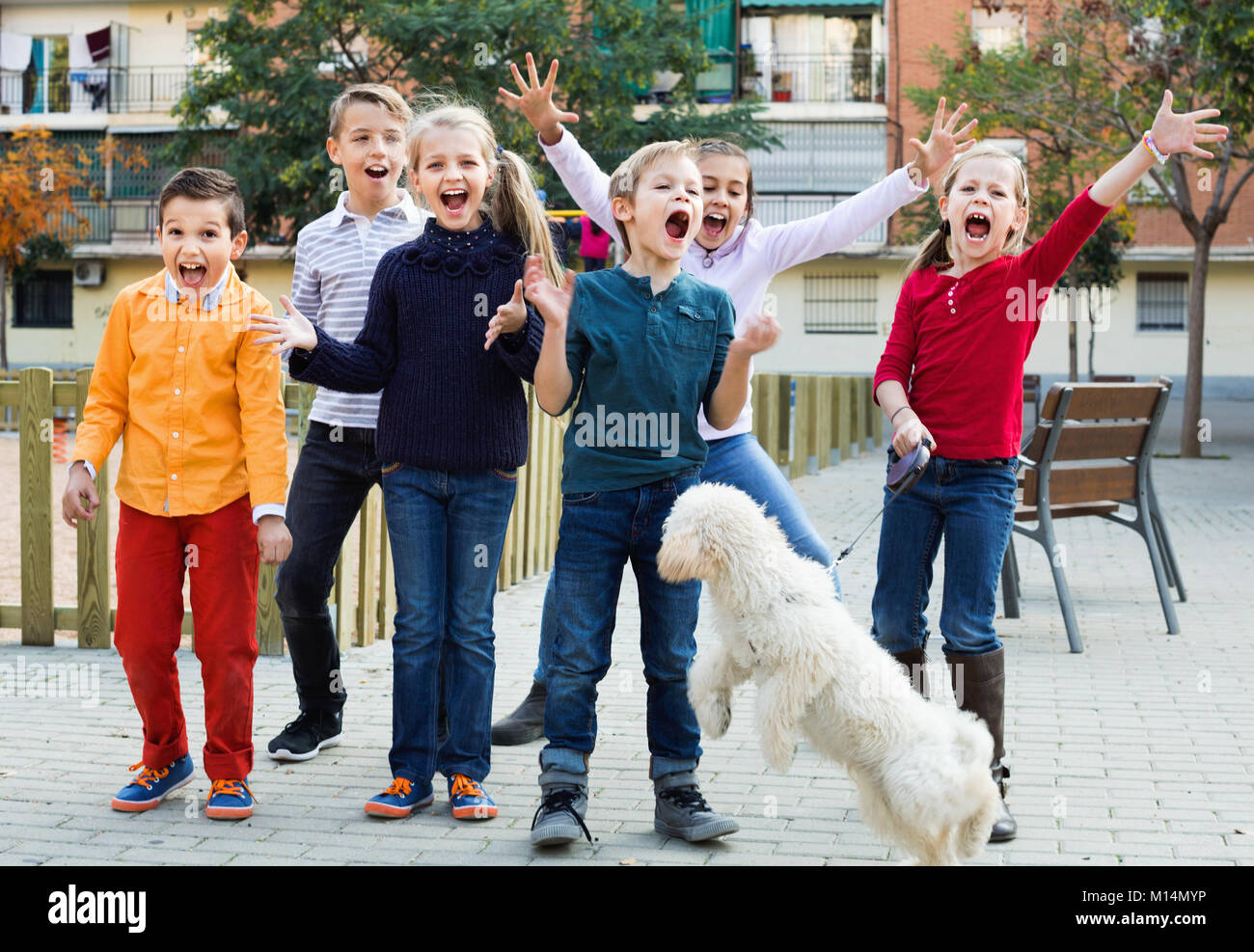 Laughing positive kids having fun and jumping up Stock Photo - Alamy