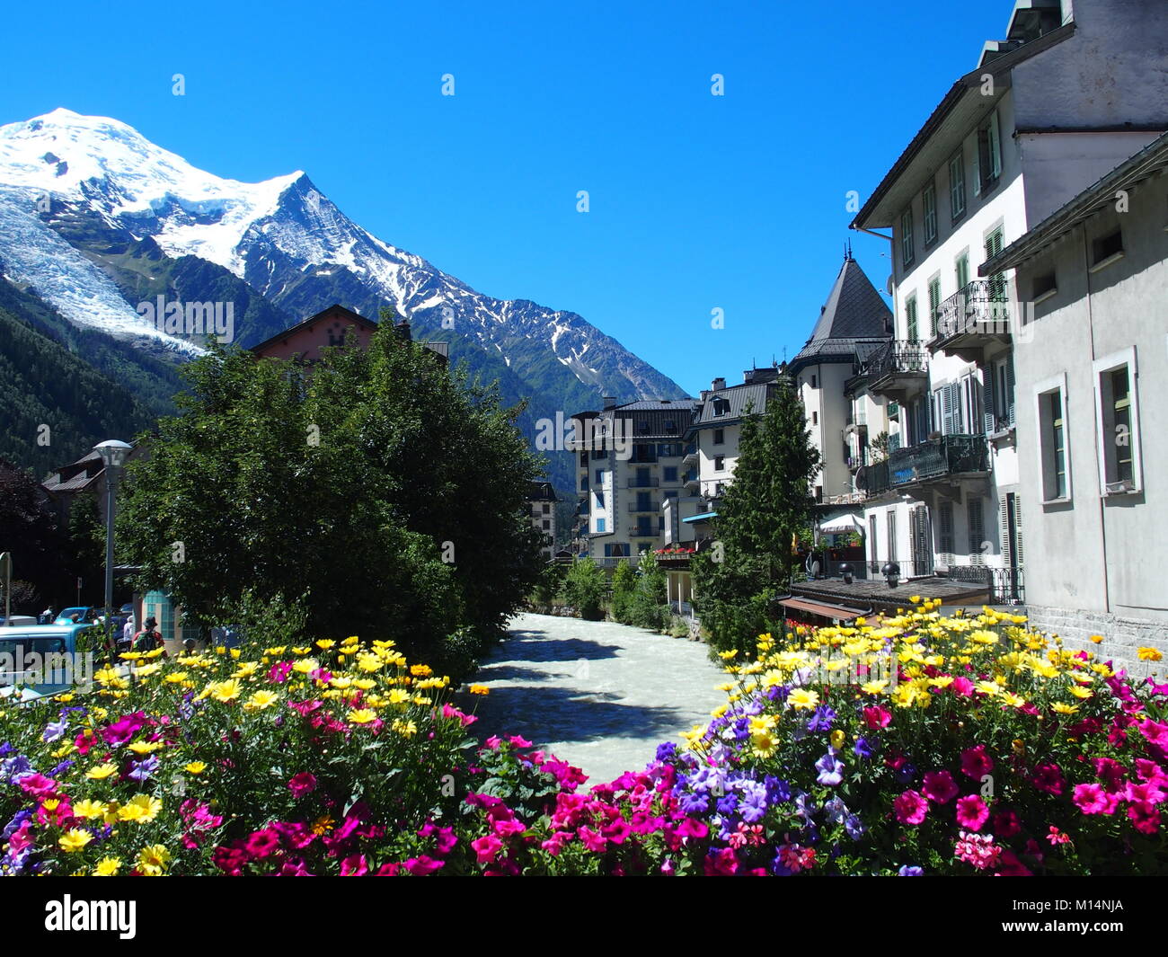 CHAMONIX MONT BLANC village with high alpine mountains range landscapes ...