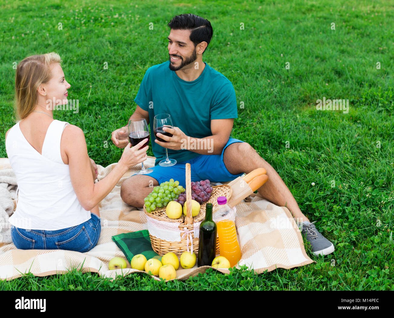 Couple are talking sitting and drinking wine in time picnic outdoor ...