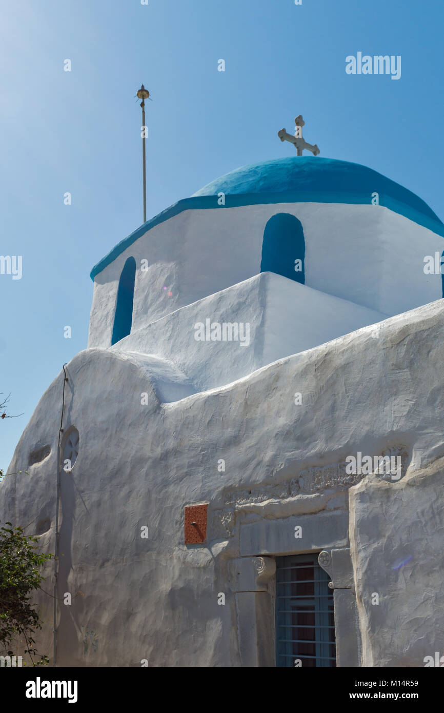 Amazing view of White chuch with blue roof in town of Parakia, Paros ...
