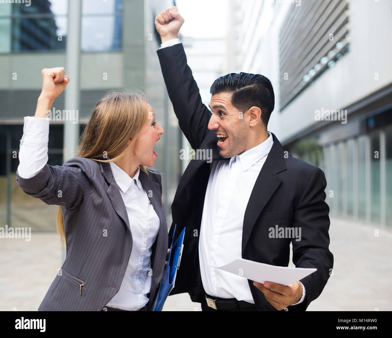 Male with businesswoman are signed successful contract and satisfied of ...