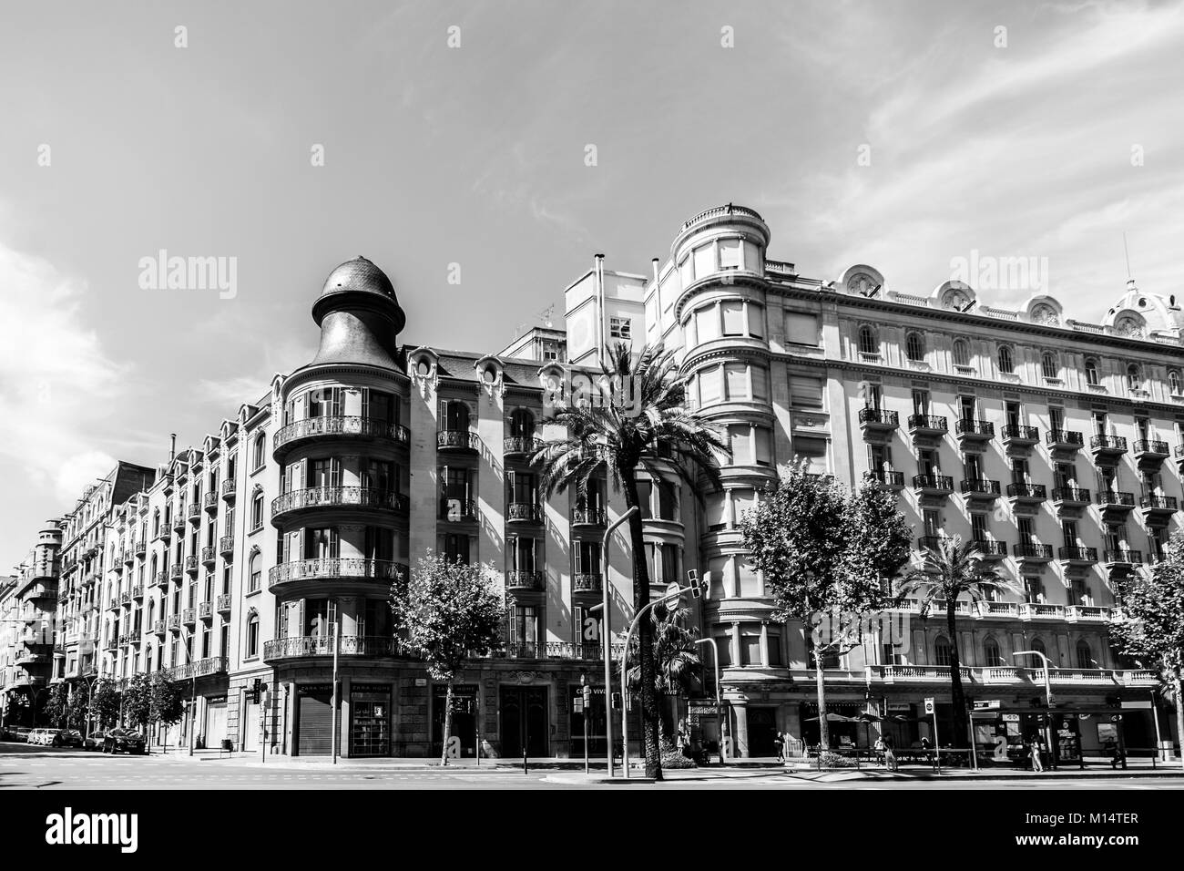 Classic buildings in Diagonal avenue, Eixample quarter, black and white ...