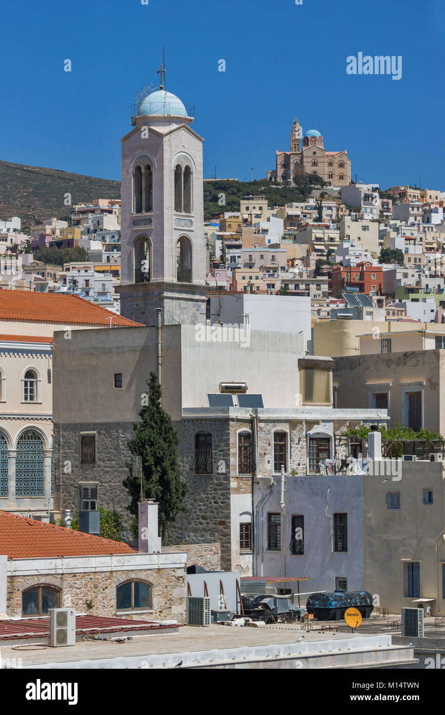 Panoramic view with belfry of Churches in town of Ermopoli, Syros ...